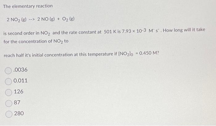 Solved The elementary reaction 2 NO2 (g) --> 2 NO + O2 (g) | Chegg.com