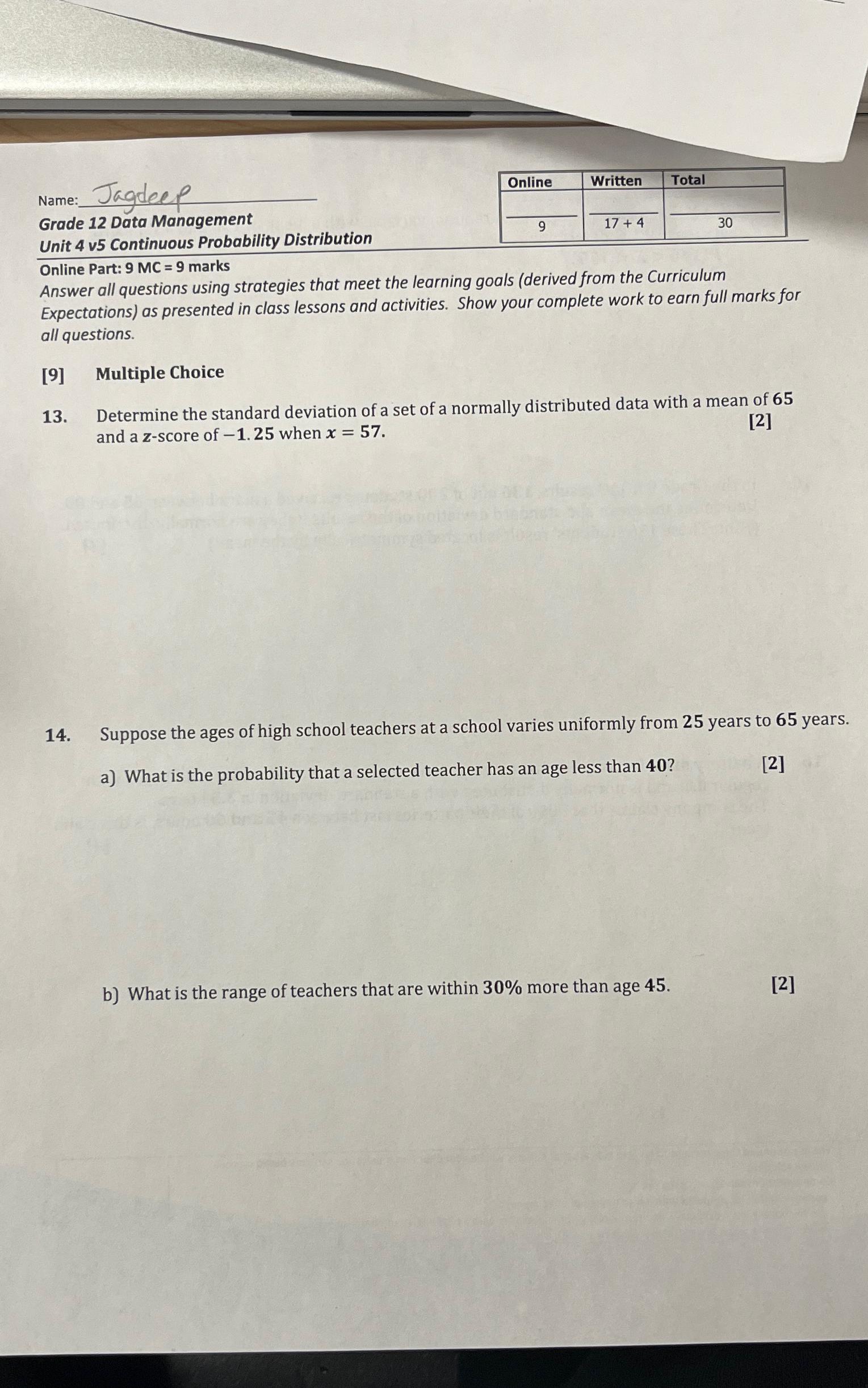 Solved Name: JagdeepGrade 12 ﻿Data ManagementUnit 4 ﻿v 5 | Chegg.com