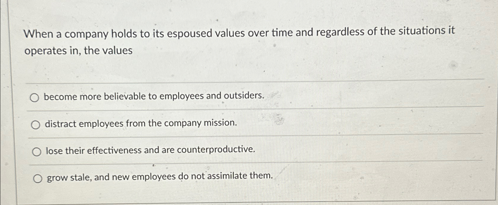Solved When a company holds to its espoused values over time | Chegg.com