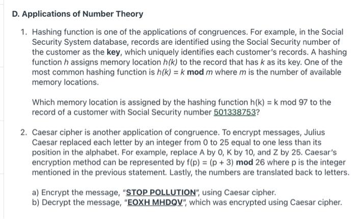 [Solved]: discrete math application of number theory D. Appl