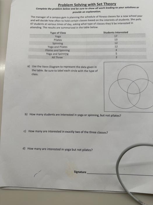 Solved Problem Solving with Set Theory Complete the problem | Chegg.com