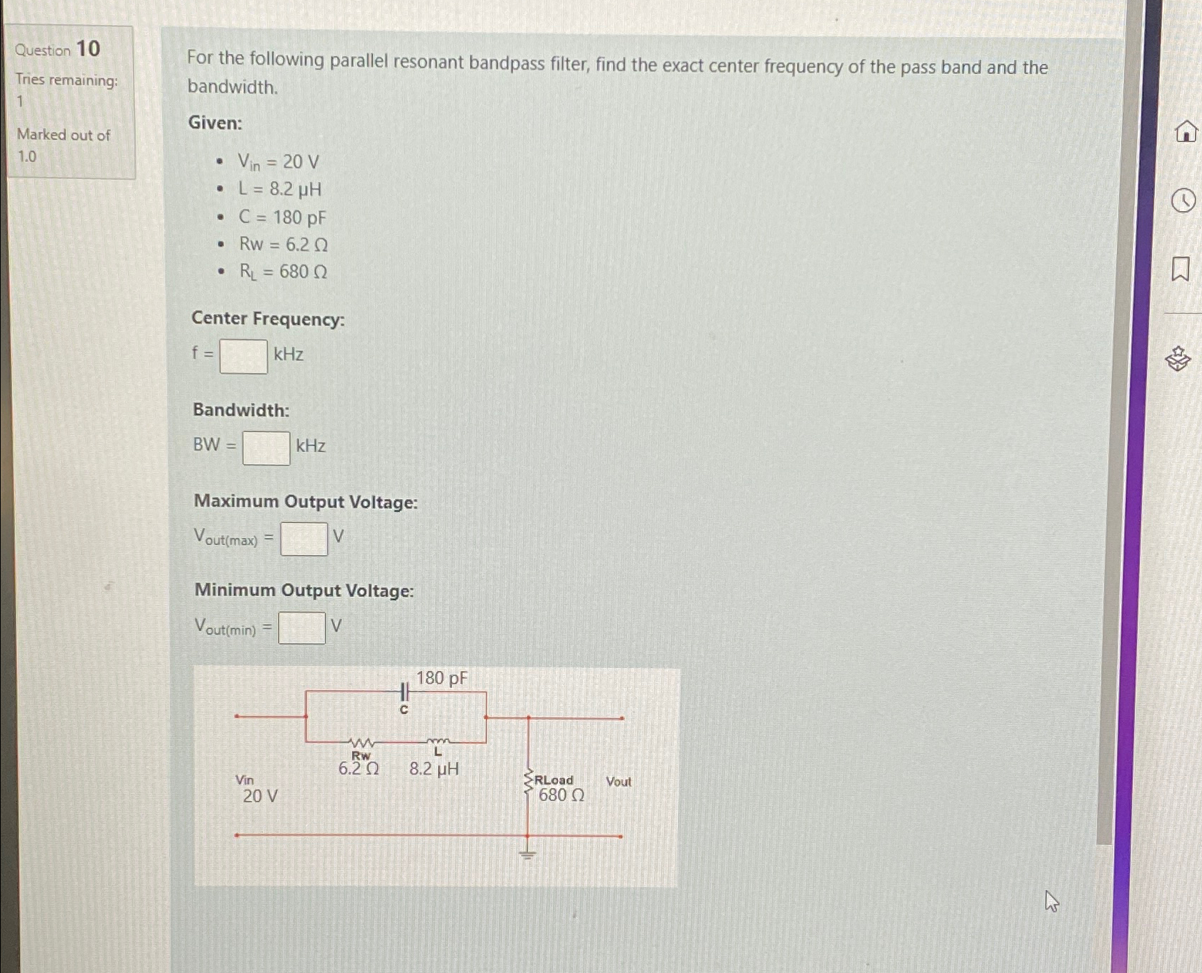 Solved Question 10Tries remaining:1Marked out of1.0For the | Chegg.com