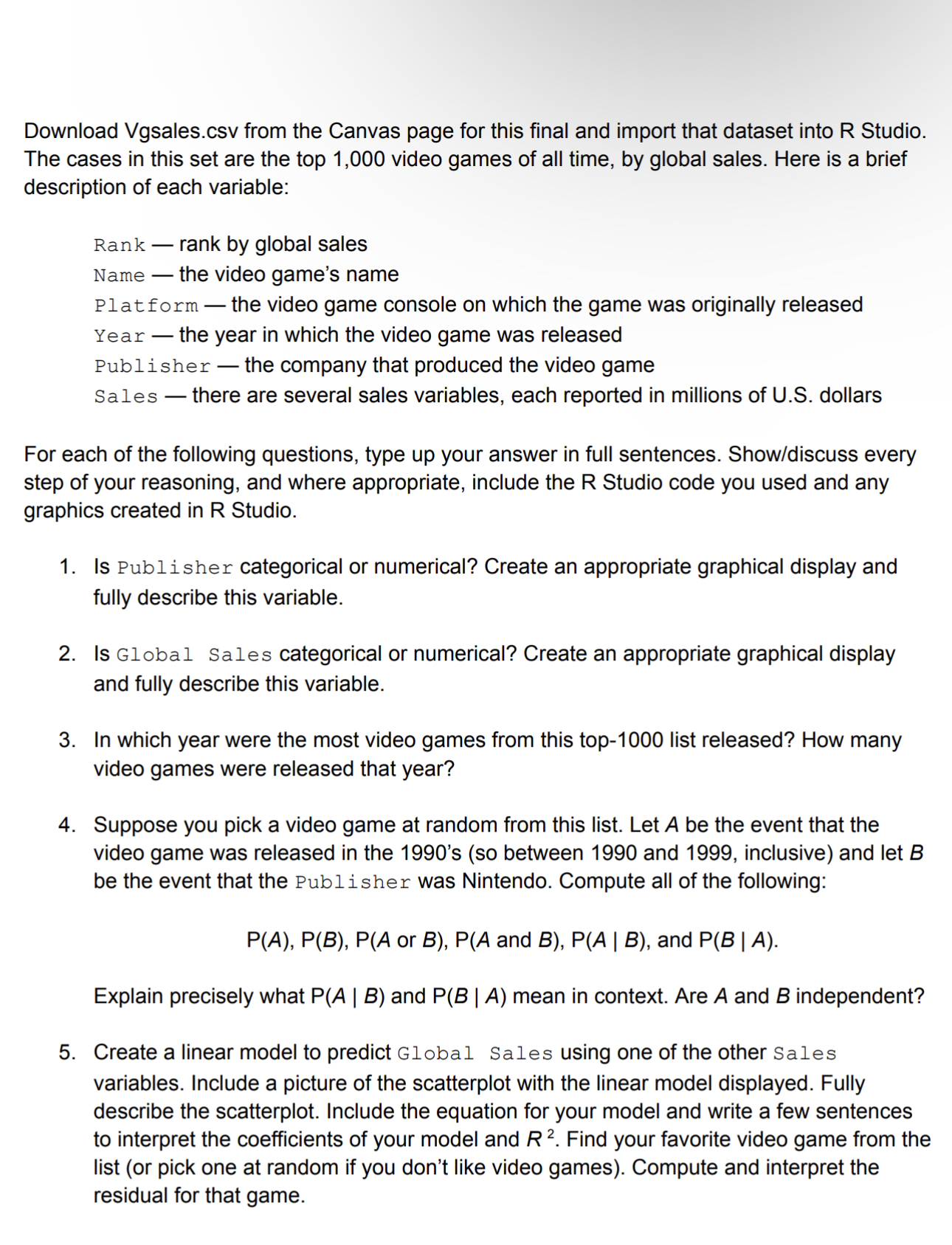 Solved Download Vgsales.csv from the Canvas page for this | Chegg.com