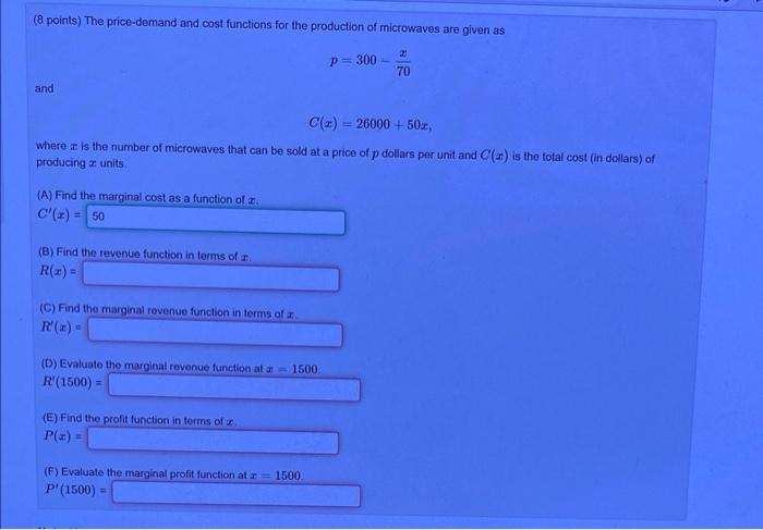 Solved (8 points) The price-demand and cost functions for | Chegg.com