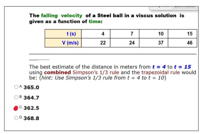 Solved The Falling Velocity Of A Steel Ball In A Viscus