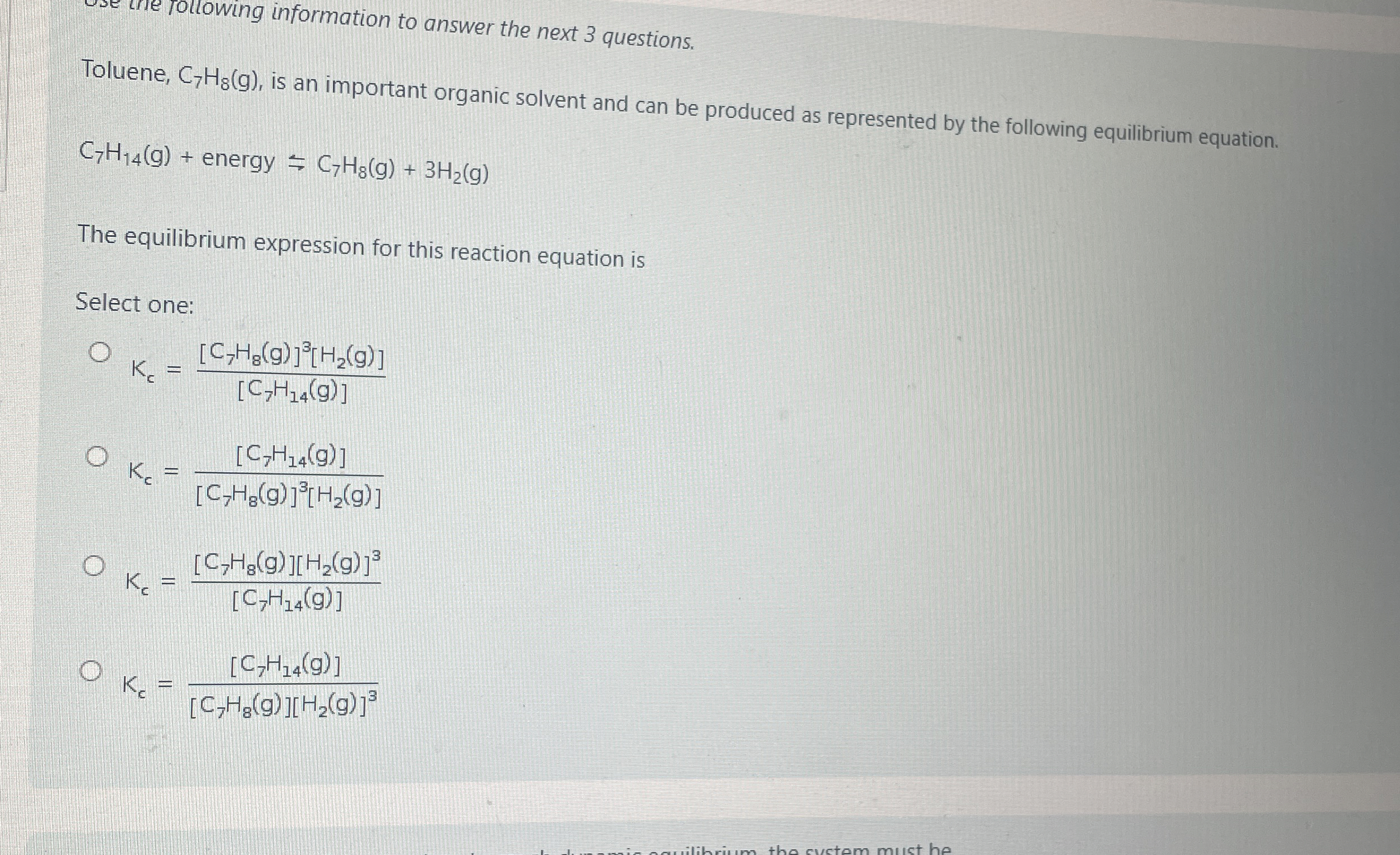 Solved Toluene, C7H8(g), ﻿is an important organic solvent | Chegg.com