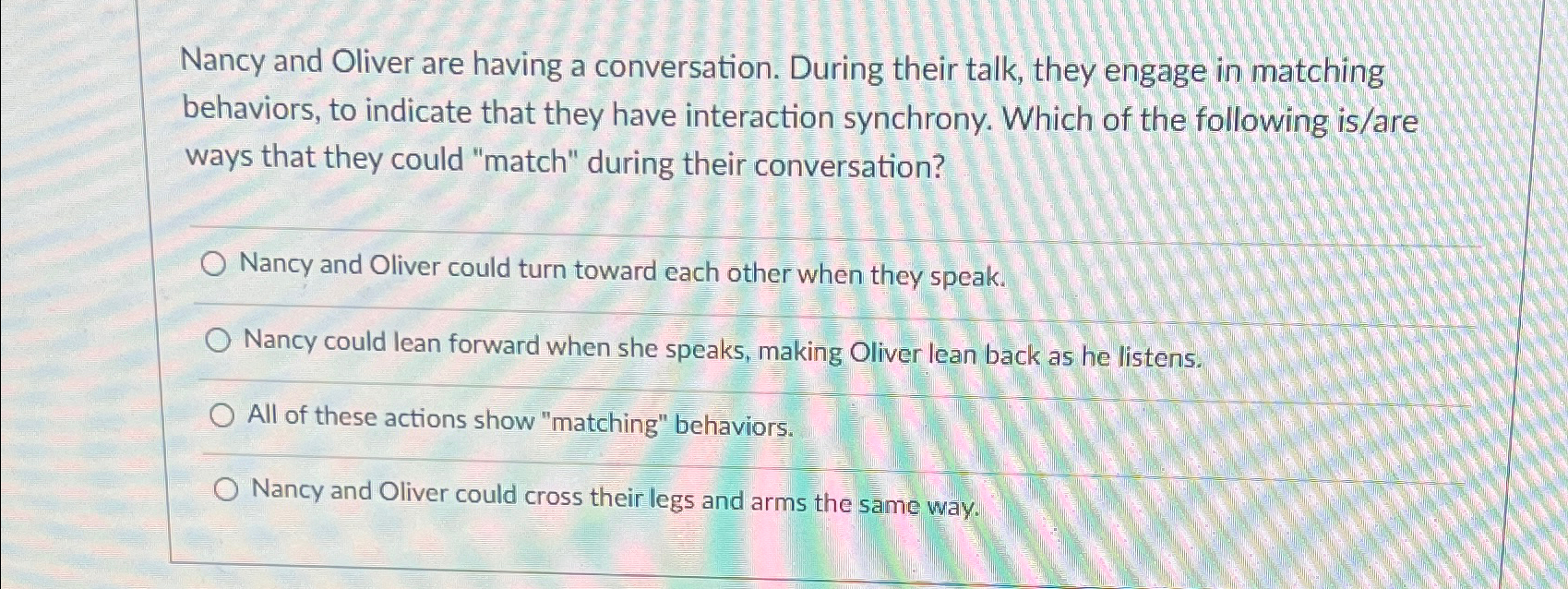 Solved Nancy and Oliver are having a conversation. During | Chegg.com