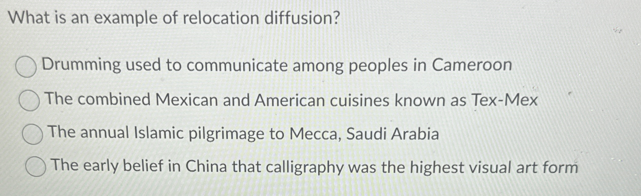 Solved What is an example of relocation diffusion?Drumming | Chegg.com