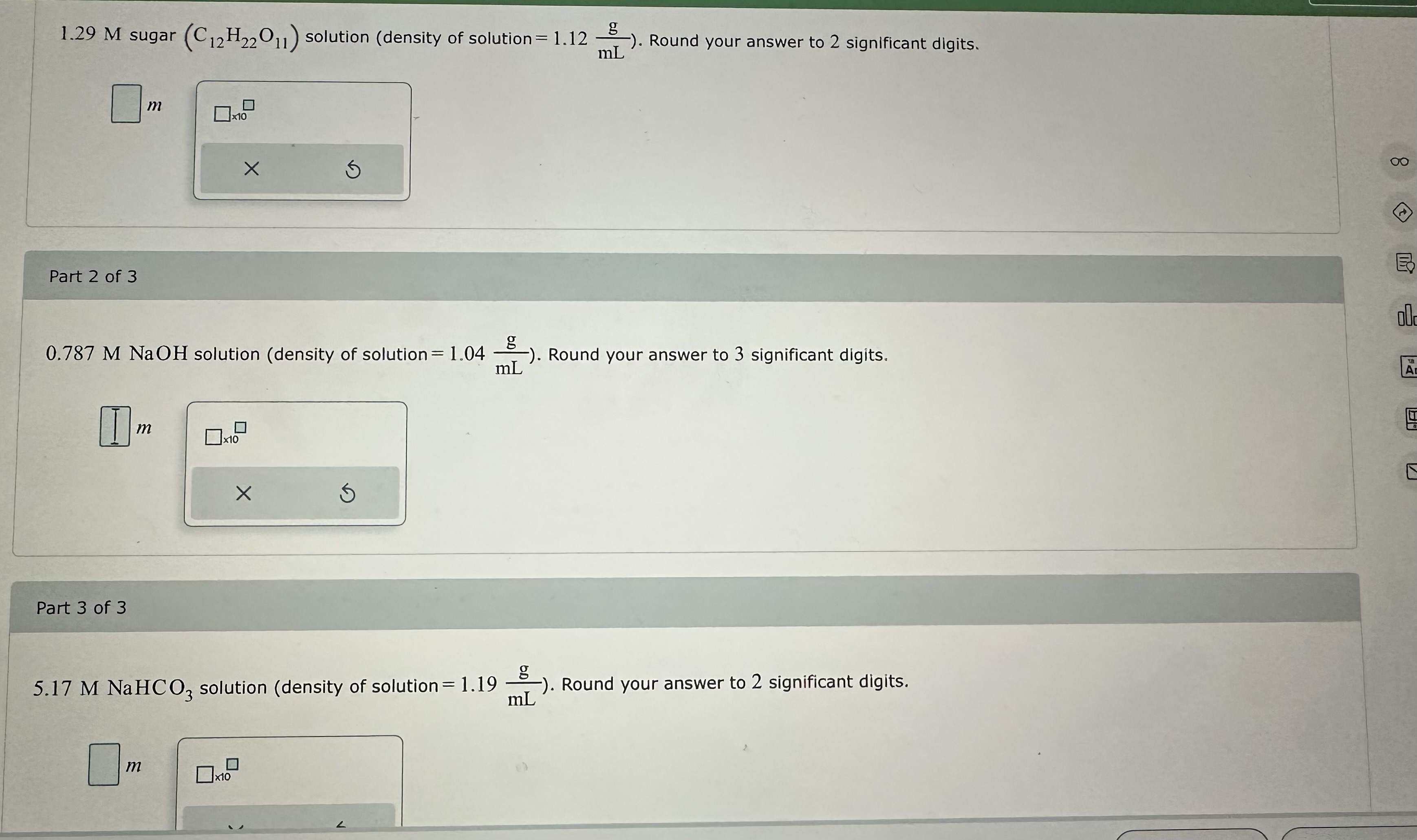 Solved 1.29M ﻿sugar (C12H22O11) ﻿solution (density of | Chegg.com