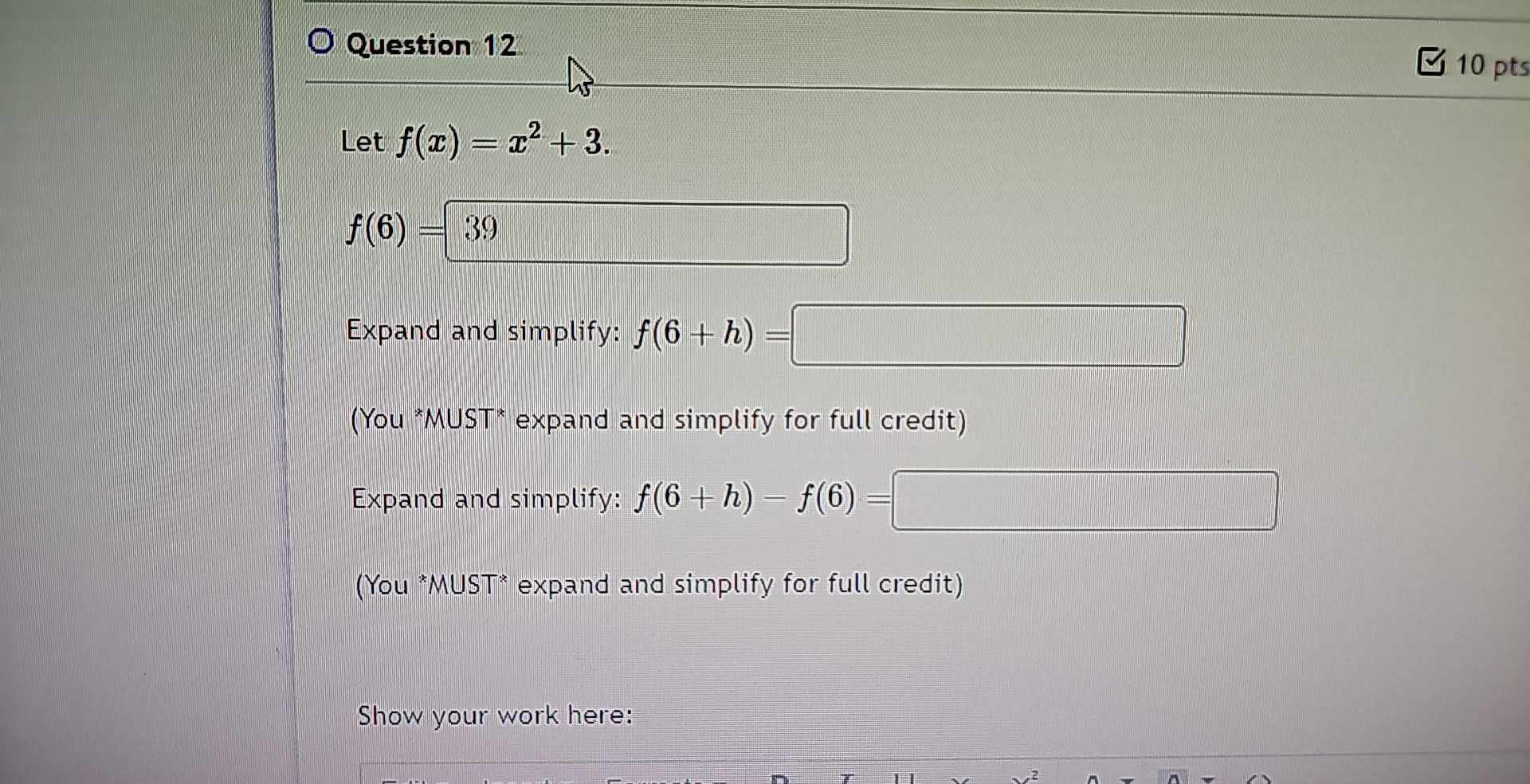 Solved Question 12Let f(x)=x2+3 ﻿Let f(x)=x2+3f(6)=Expand | Chegg.com
