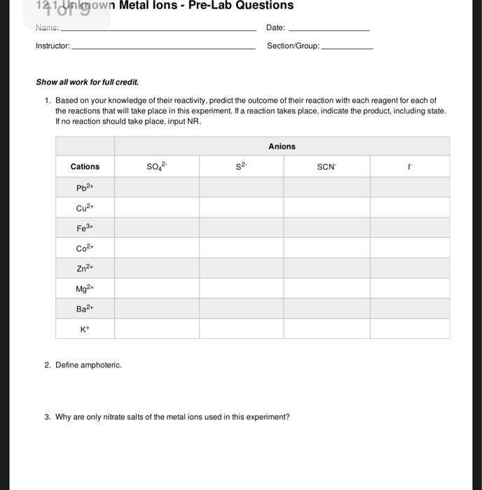 141 Unknown Metallons - Pre-Lab Questions Name: Date: | Chegg.com
