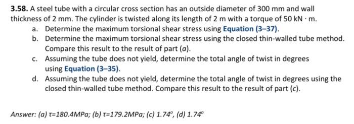 Solved 3.58. A steel tube with a circular cross section has | Chegg.com