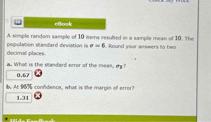 Solved A simple random sample of 10 items resulted in a | Chegg.com