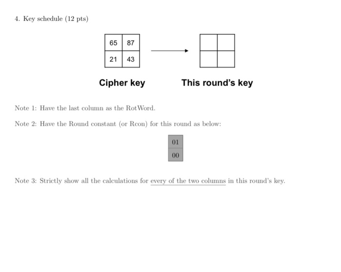 Solved 4. Key schedule 12 pts) 65 87 2143 Cipher key This | Chegg.com