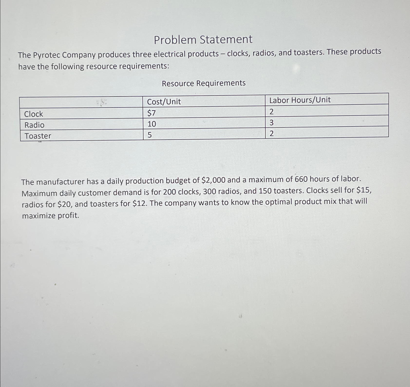 Solved Problem Statement The Pyrotec Company produces three | Chegg.com
