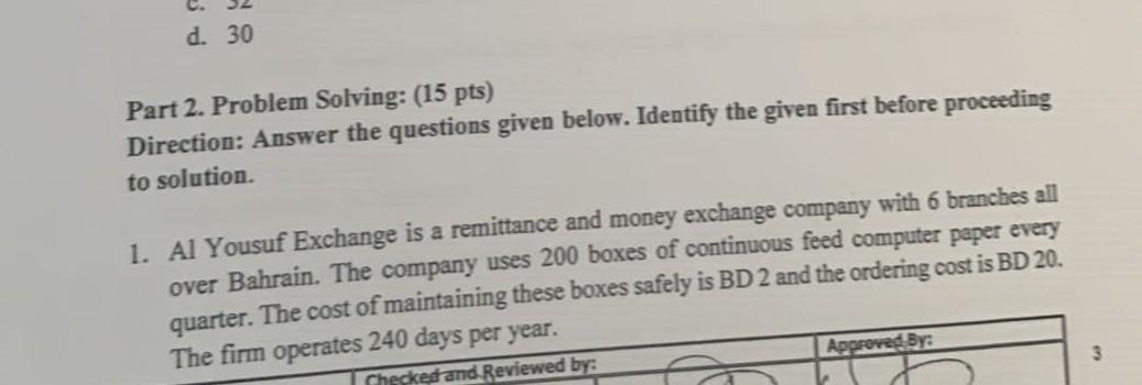 Solved d. 30 Part 2. Problem Solving: (15 pts) Direction: | Chegg.com