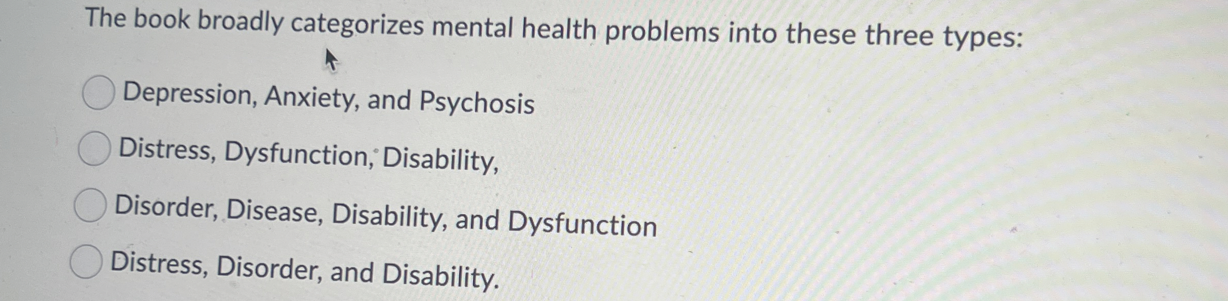 Solved The book broadly categorizes mental health problems | Chegg.com