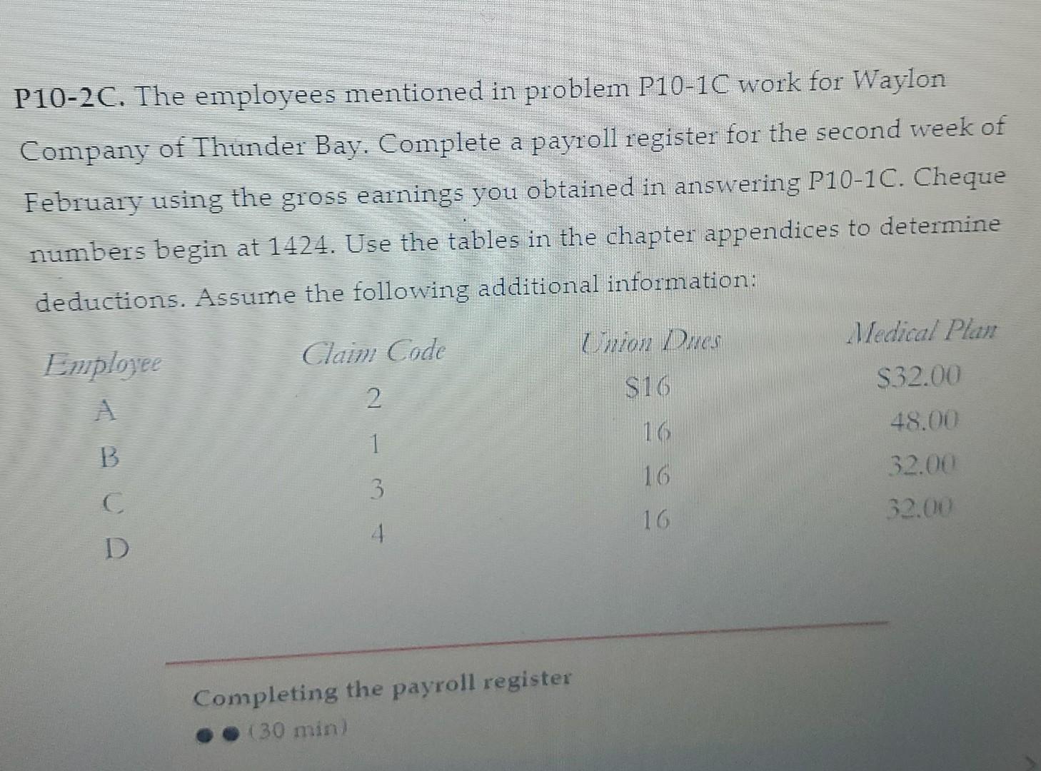 P10-2C. The employees mentioned in problem P10-1C | Chegg.com