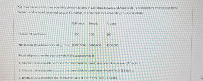 Solved XLF is a company with three operating divishons | Chegg.com
