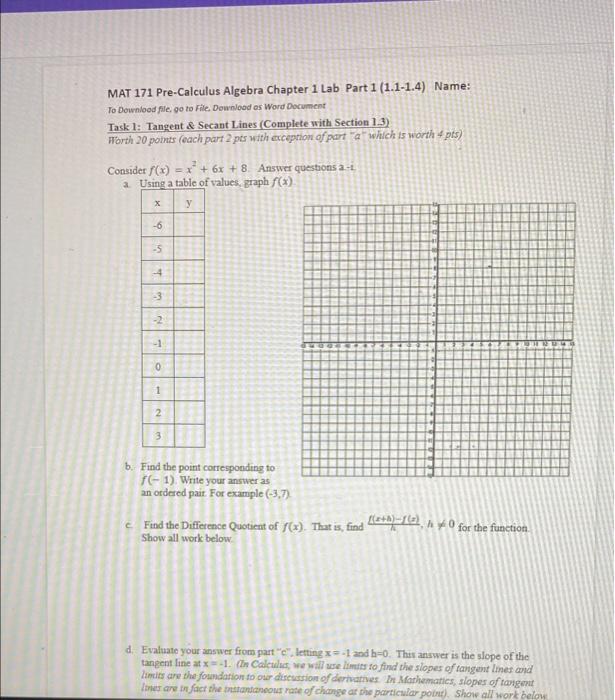 Solved MAT 171 Pre-Calculus Algebra Chapter 1 Lab Part 1 | Chegg.com