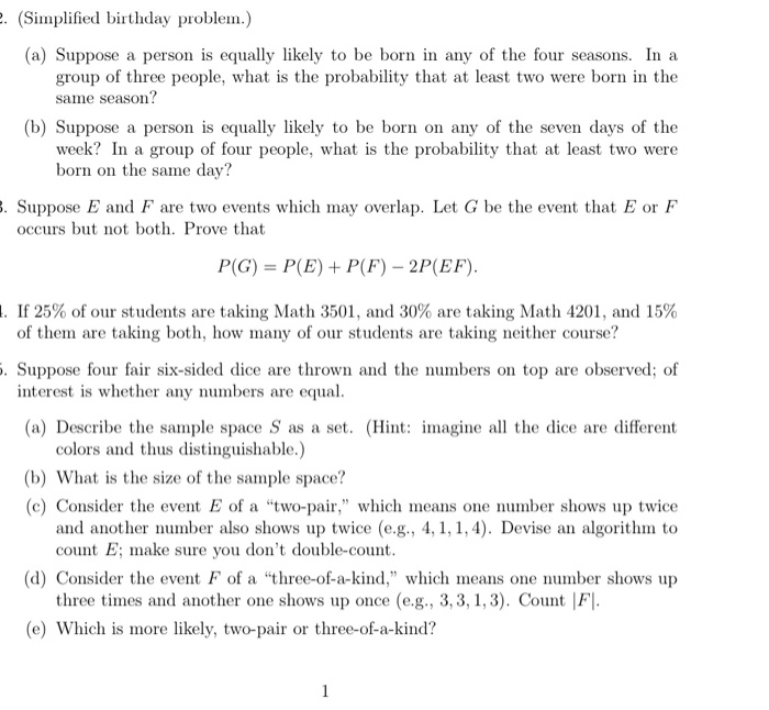 Solved 2. (Simplified birthday problem.) (a) Suppose a | Chegg.com