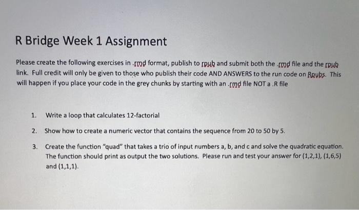 Solved R Bridge Week 1 Assignment Please create the | Chegg.com