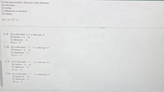 Solved For the given function, find each of the following | Chegg.com