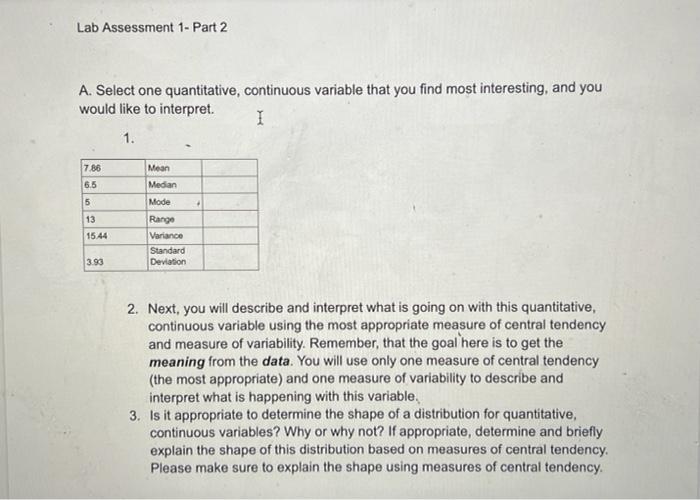Solved Lab Assessment 1- Part 2 A. Select one quantitative, | Chegg.com