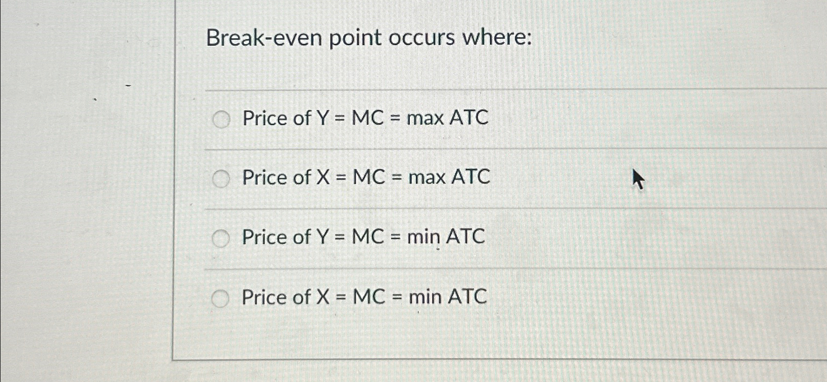 Solved Break-even point occurs where:Price of | Chegg.com