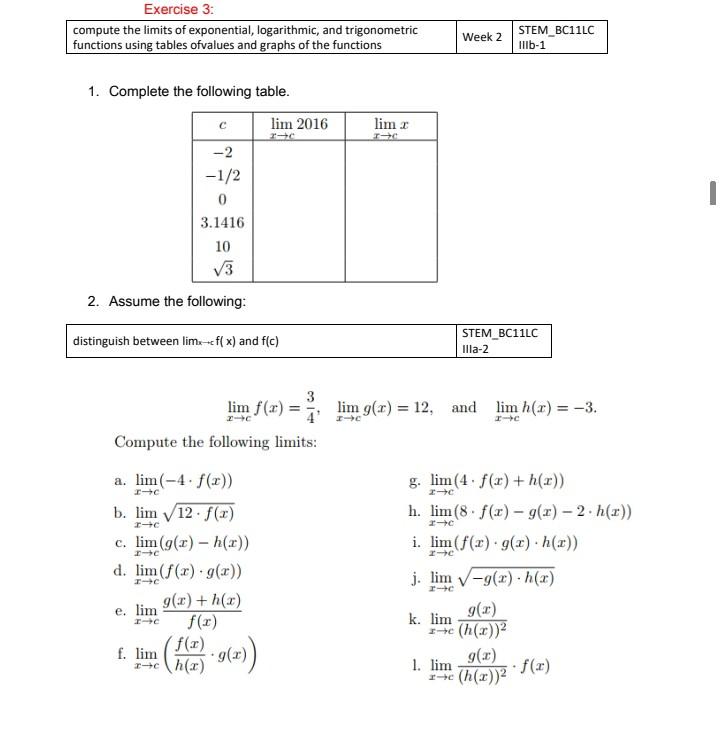 Solved Exercise 3: compute the limits of exponential, | Chegg.com