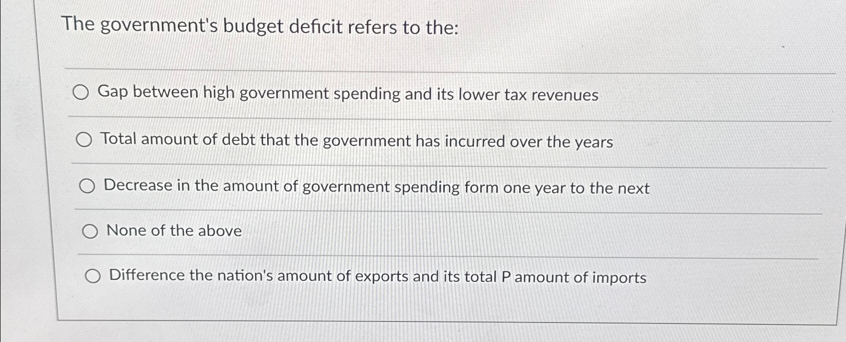 Solved The government's budget deficit refers to the:Gap | Chegg.com