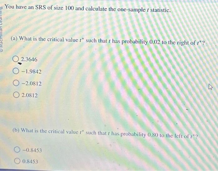 Solved You have an SRS of size 100 and calculate the | Chegg.com