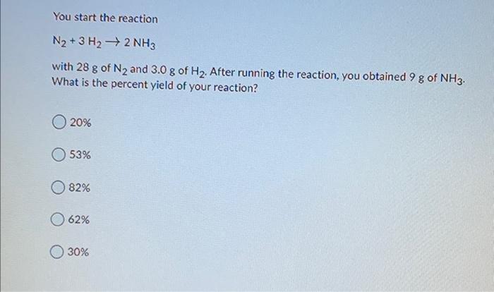 Solved You start the reaction N2+3H2→2NH3 with 28 g of N2 | Chegg.com