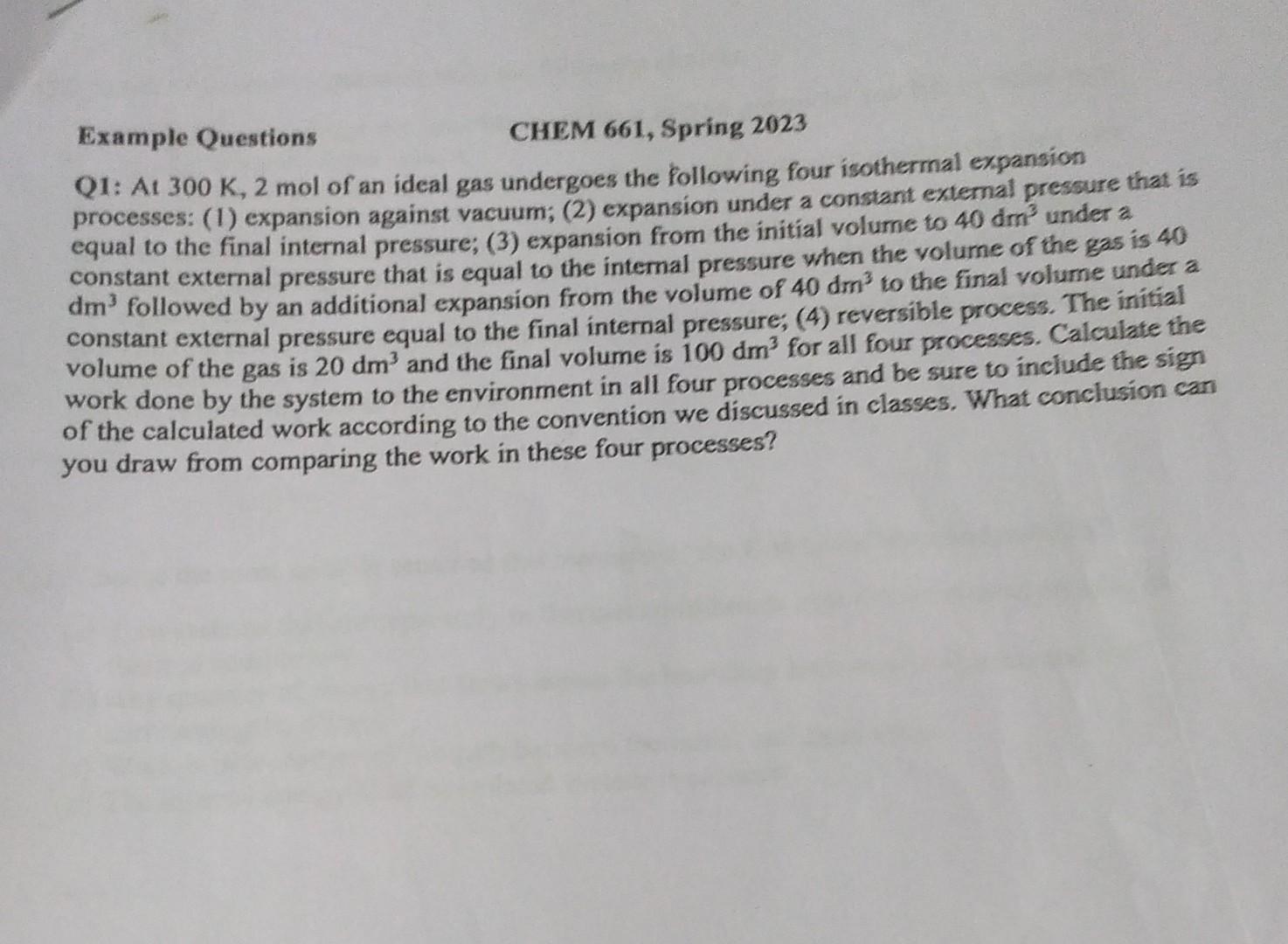 Solved Example Questions CHEM 661, Spring 2023 Q1: At 300 | Chegg.com