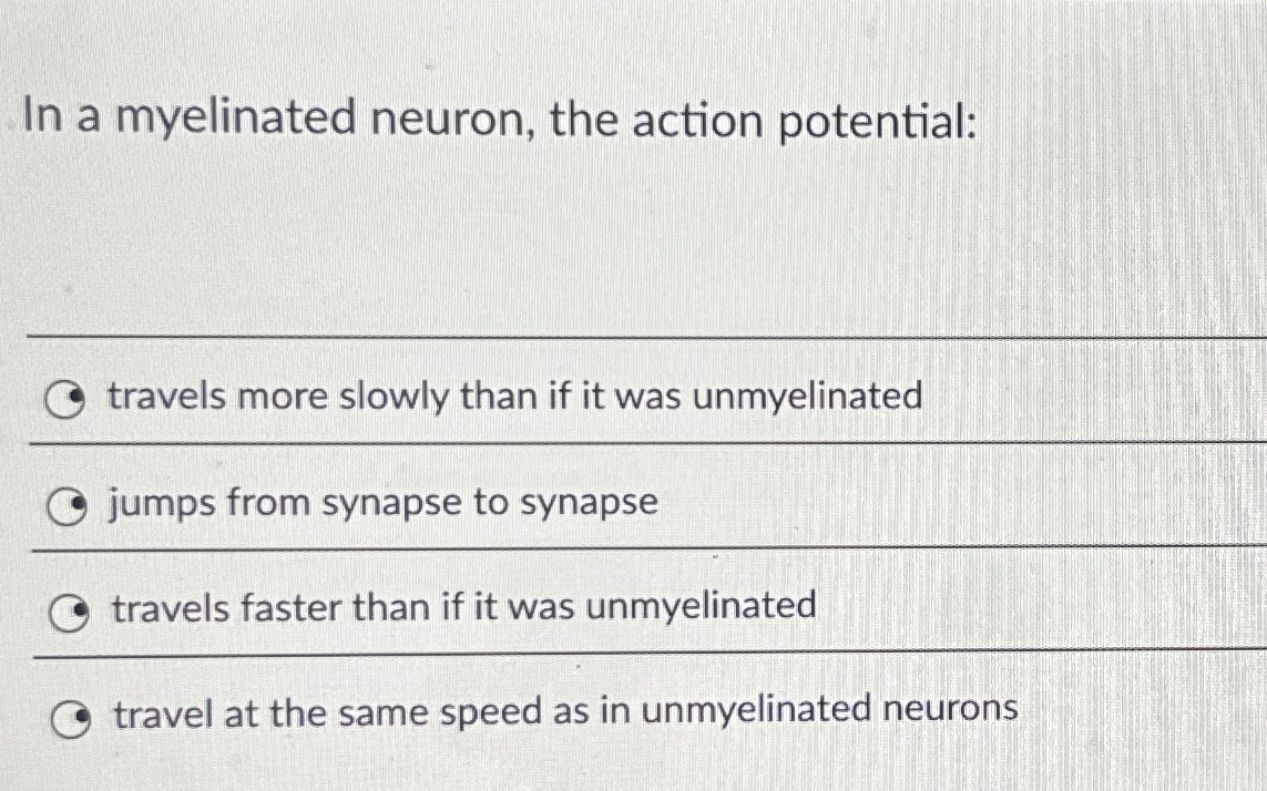 Solved In a myelinated neuron, the action potential: | Chegg.com