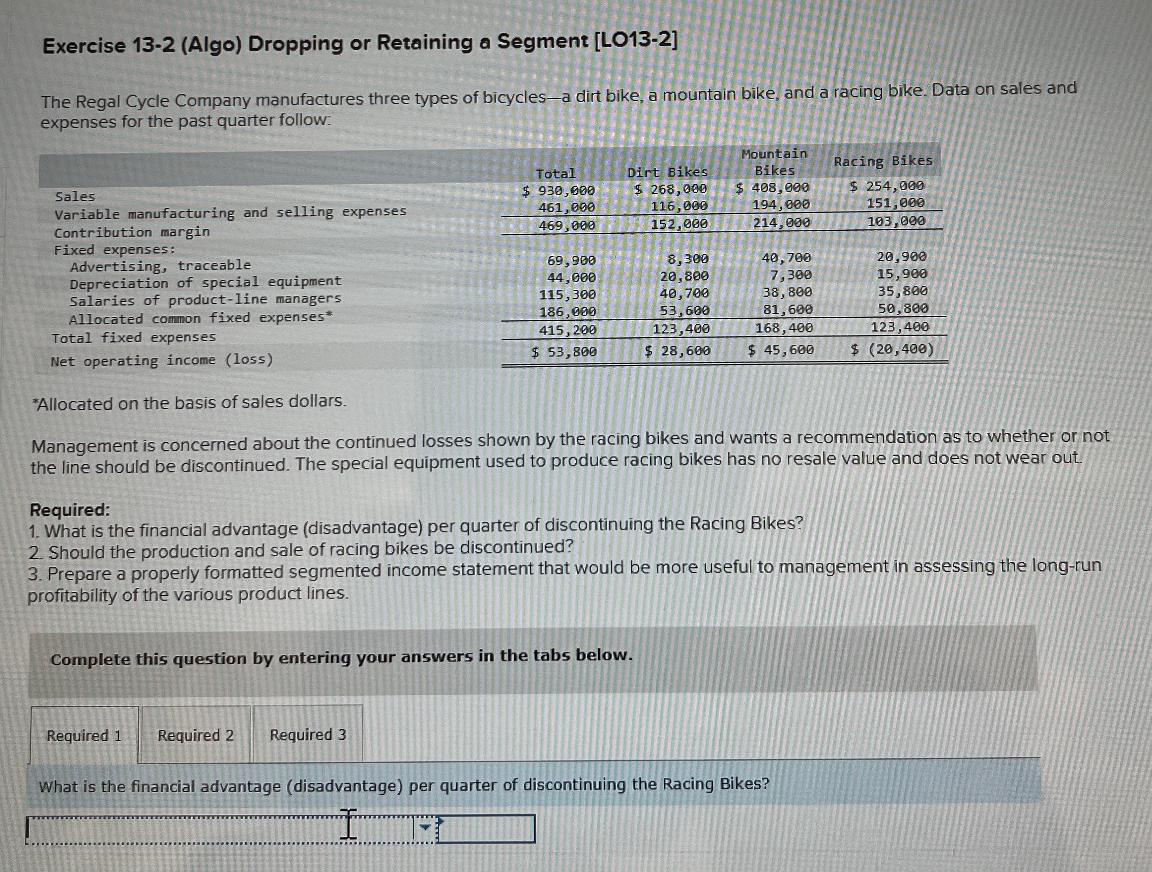 Solved Exercise 13-2 (Algo) ﻿Dropping or Retaining a Segment | Chegg.com