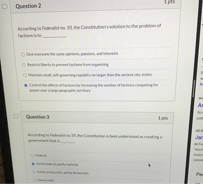 Solved 1 pts Question 2 According to Federalist no. 10, the | Chegg.com