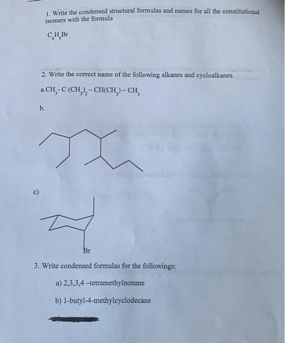 Solved 1. Write the condensed structural formulas and names | Chegg.com