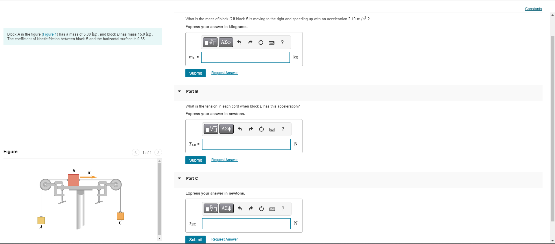Solved What is the mass of block C ﻿if block B ﻿is moving to | Chegg.com