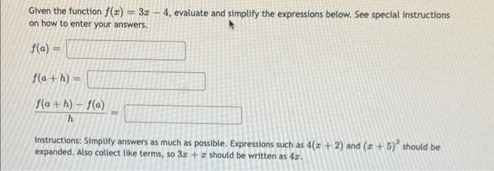Solved Given the function f(x) = 32 – 4, evaluate and | Chegg.com