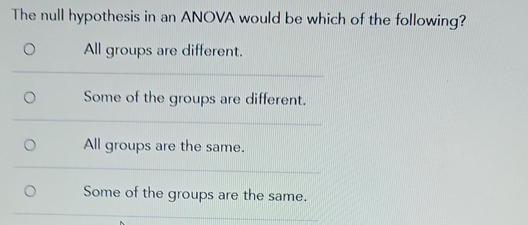 Solved The null hypothesis in an ANOVA would be which of the | Chegg.com
