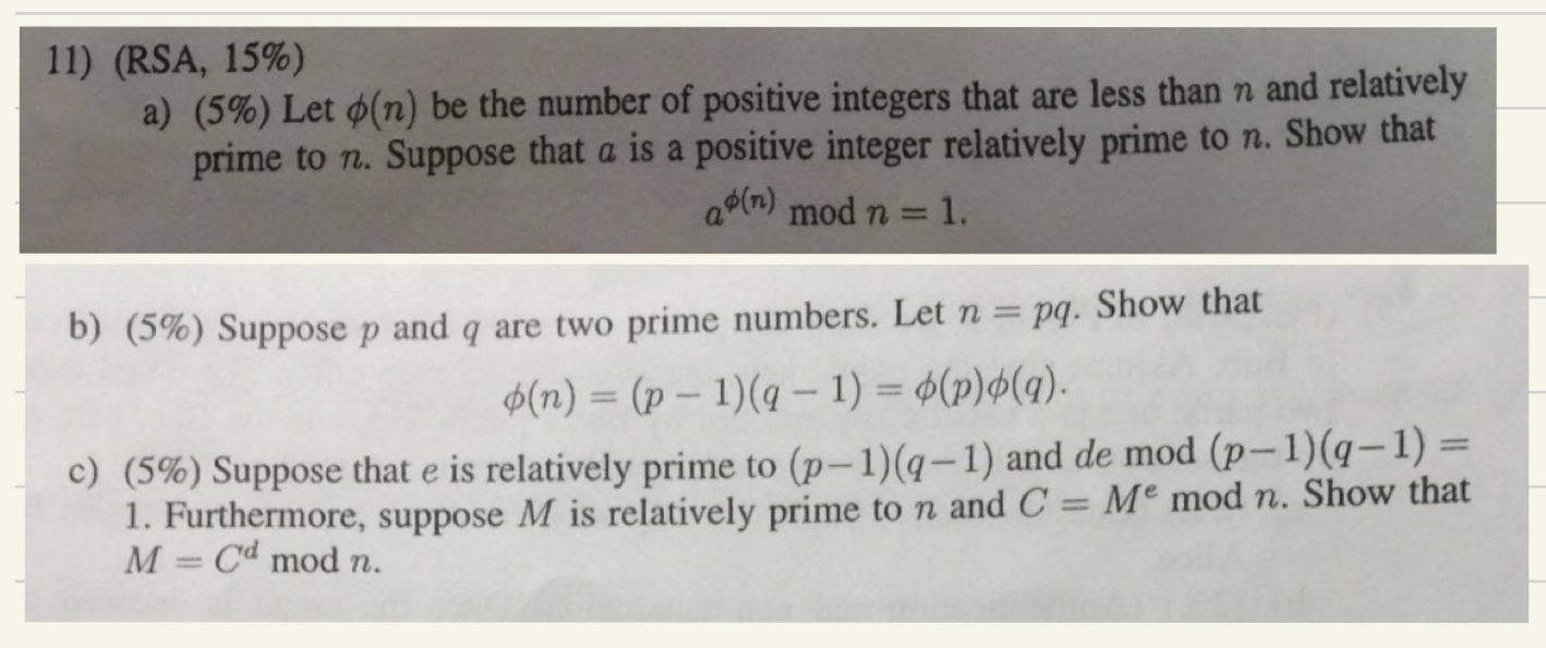 Solved (RSA, 15%)a) (5%) ﻿Let φ(n) ﻿be the number of | Chegg.com