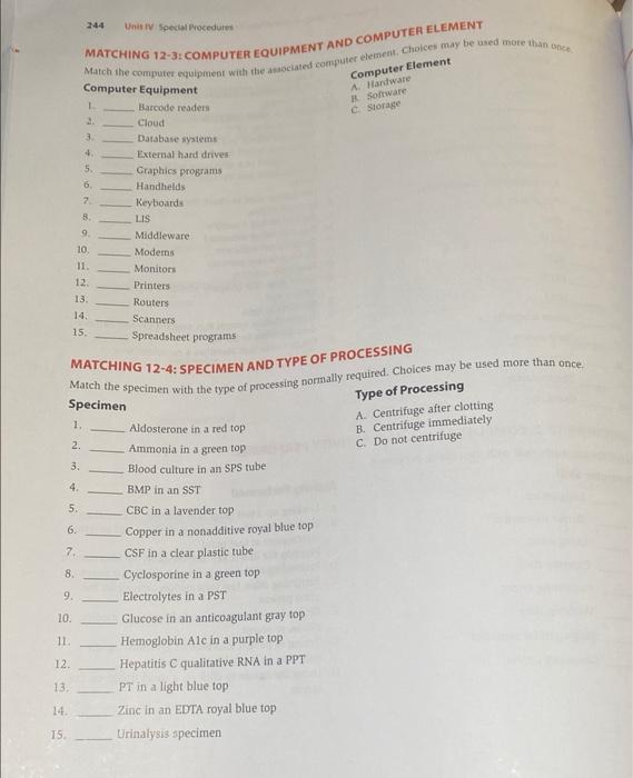 Solved 244 Unit IV Special Procedures Match the computer | Chegg.com
