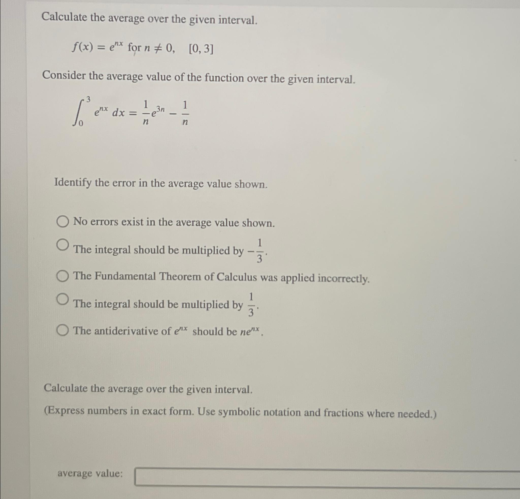 Solved Calculate the average over the given | Chegg.com