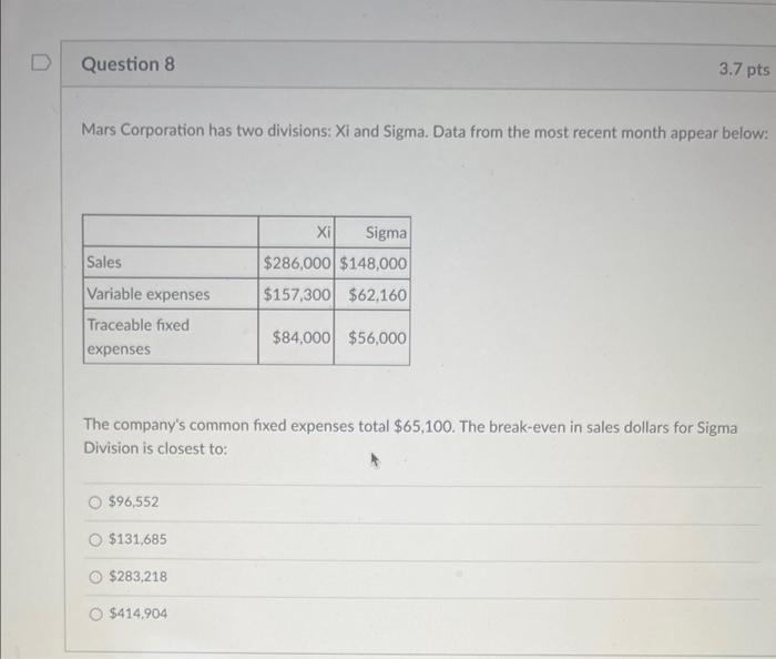 Solved Mars Corporation has two divisions: Xi and Sigma. | Chegg.com