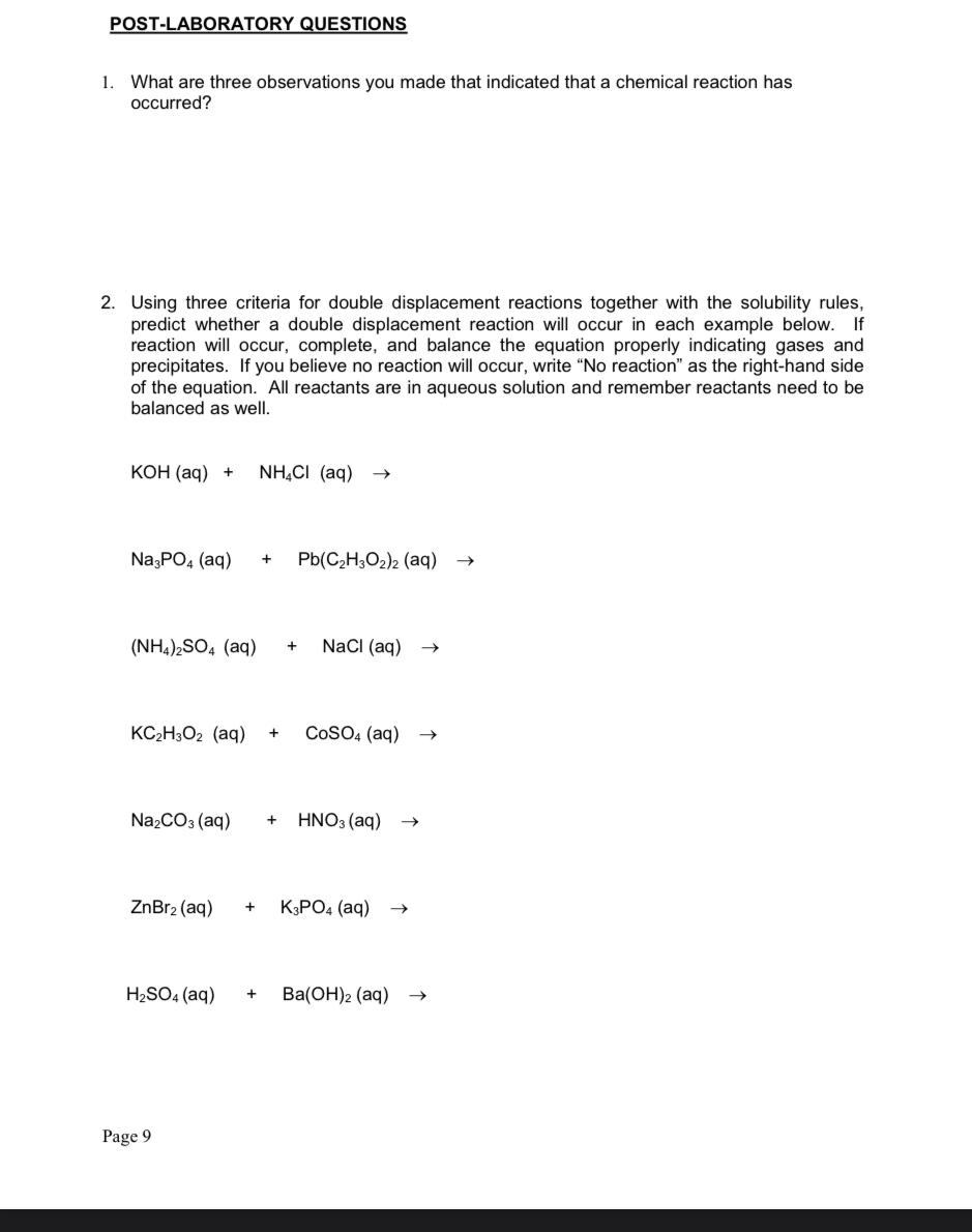 Solved POST-LABORATORY QUESTIONSWhat are three observations | Chegg.com