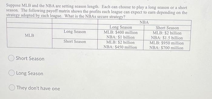 Solved Suppose MLB and the NBA are setting season length. | Chegg.com