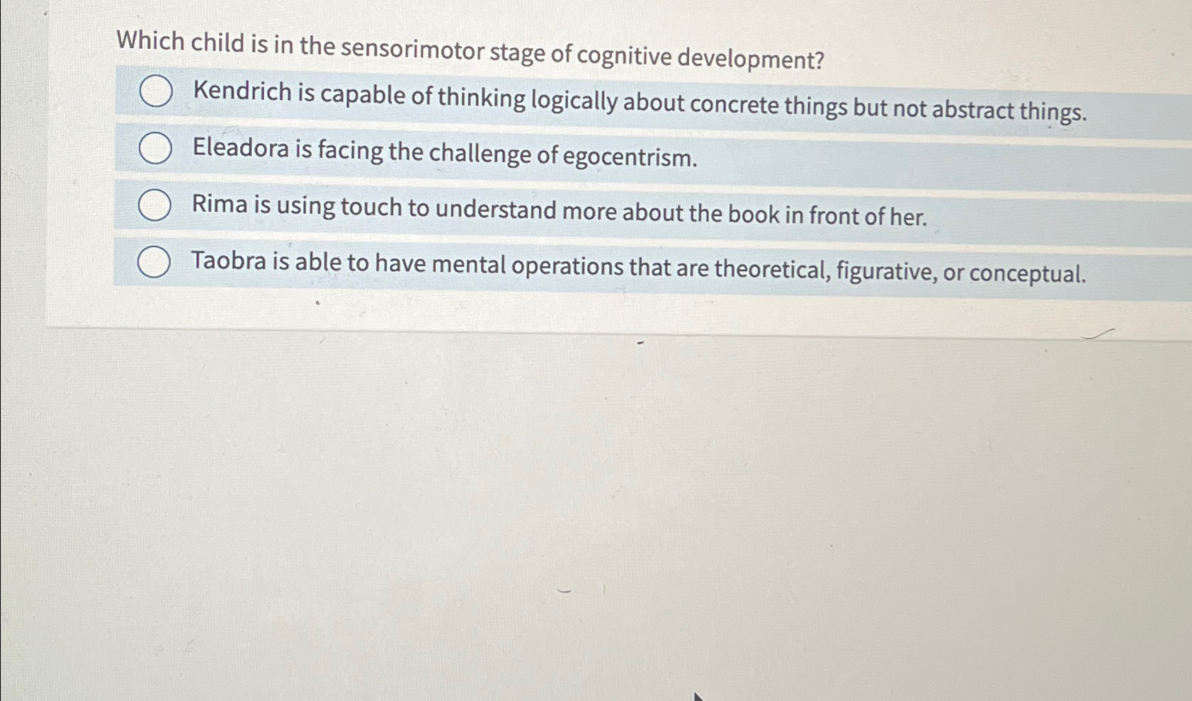 Solved Which child is in the sensorimotor stage of cognitive | Chegg.com
