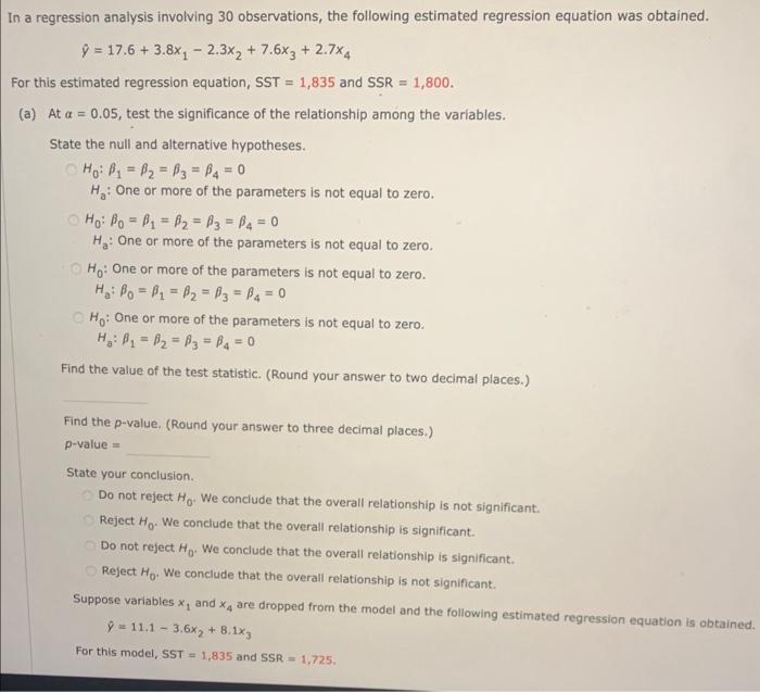 Solved egression analysis involving 30 observations, the | Chegg.com