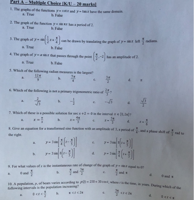 Solved Part A - Multiple Choice K/U - 20 marks 1. The graphs | Chegg.com